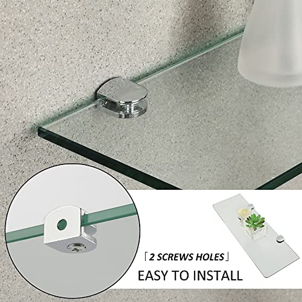SAYAYO Floating Glass Shelves for Bathroom, 15 x 5 Inch Chrome Tempered Glass Shelf for Wall 2 Pack, Clear