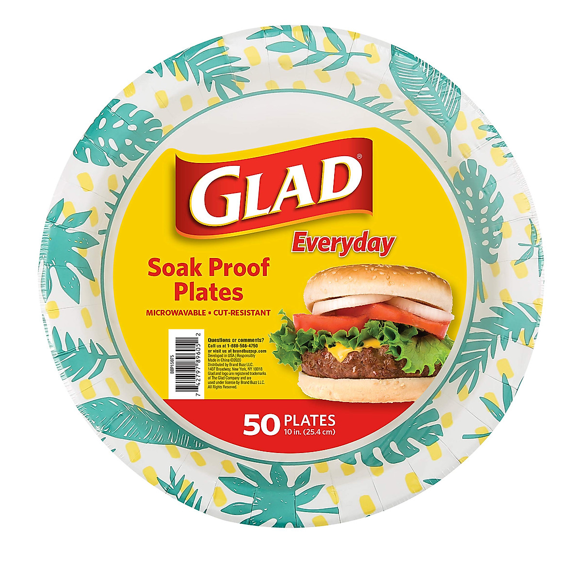 Glad Round Disposable Paper Plates with Palm Leaves Design, 10" | 10 Inch Paper Plates | Soak Proof Paper Plates Heavy Duty, Microwave Safe| Cut Resistant Disposable Plates for Everyday Use, 50 Count