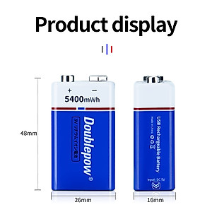 Doublepow 9V Lithium Battery,9V Rechargeable Batteries,9v Battery for Smoke Detector,9V Batteries,600mAh Capacity,Fast Charging(2 Pack)