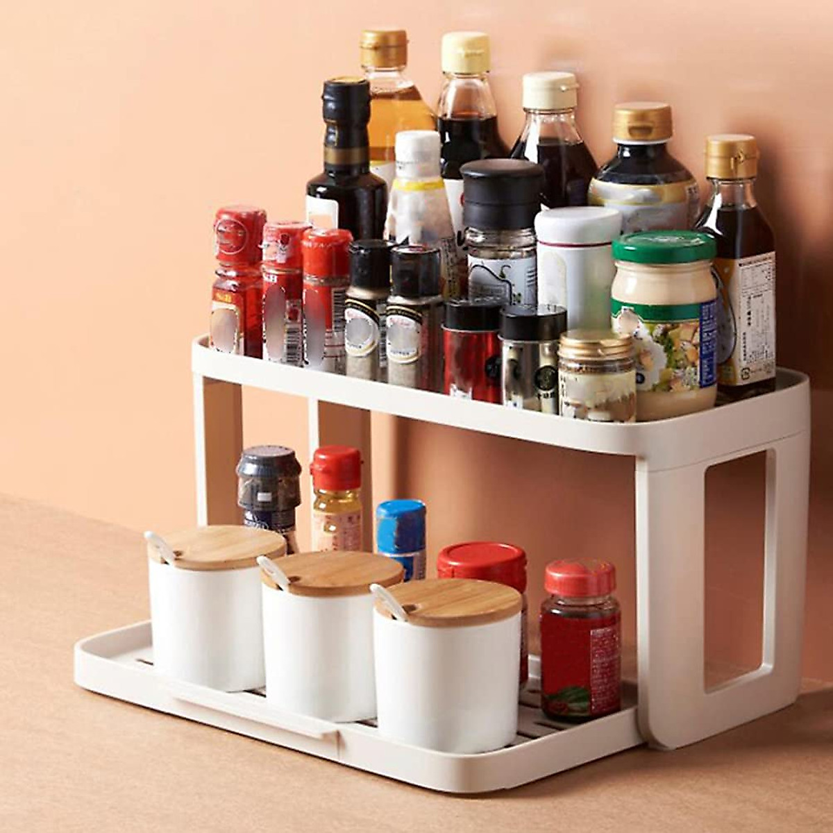 Hemoton Pull Out Shelf Jar Rack Bottle Stand Bathroom countertop Organizer Valet Tray Rack Organizer Storage Shelf Organizer Tray Jewelry Organizer Stand Metal White Make up Corner Frame