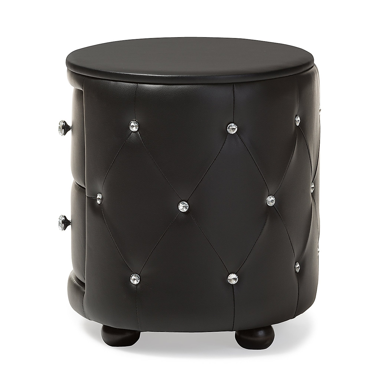 Baxton Studio Davina Hollywood Glamour Style Oval 2-Drawer Faux Leather Upholstered Nightstand, Medium, Black
