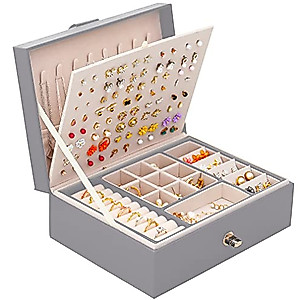 QBestry Stud Earring Organizer for Women Girls Gray Jewelry Box for Earrings Necklace Jewelry Organizer,Girls Earring Box for Womens Necklace Holder Rings Organizer Bracelet Earring Storage Case,Grey