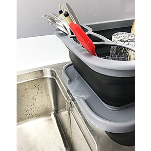 SAMMART Collapsible Dish Drainer with Tray - Foldable Drying Rack Set - Portable Dinnerware Organizer - Space Saving Kitchen Storage Tray (1, Grey/Black)