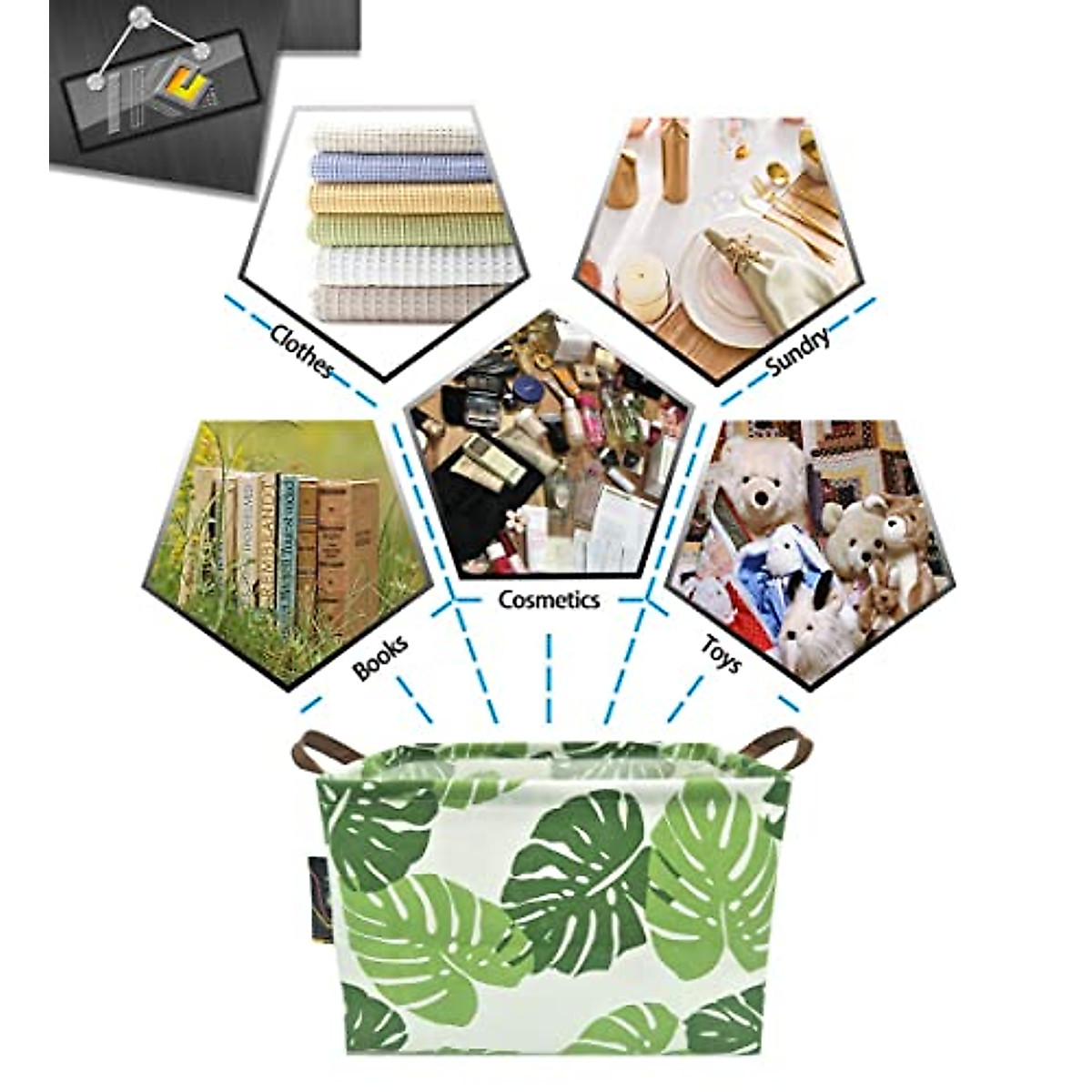 HKEC Rectangle Green Storage Basket,Clothes Basket with Handles, Collapsible Storage Box,Cute Canvas Toy Bin for Kids,Gift Basket,Room Decor(Banana leaf)