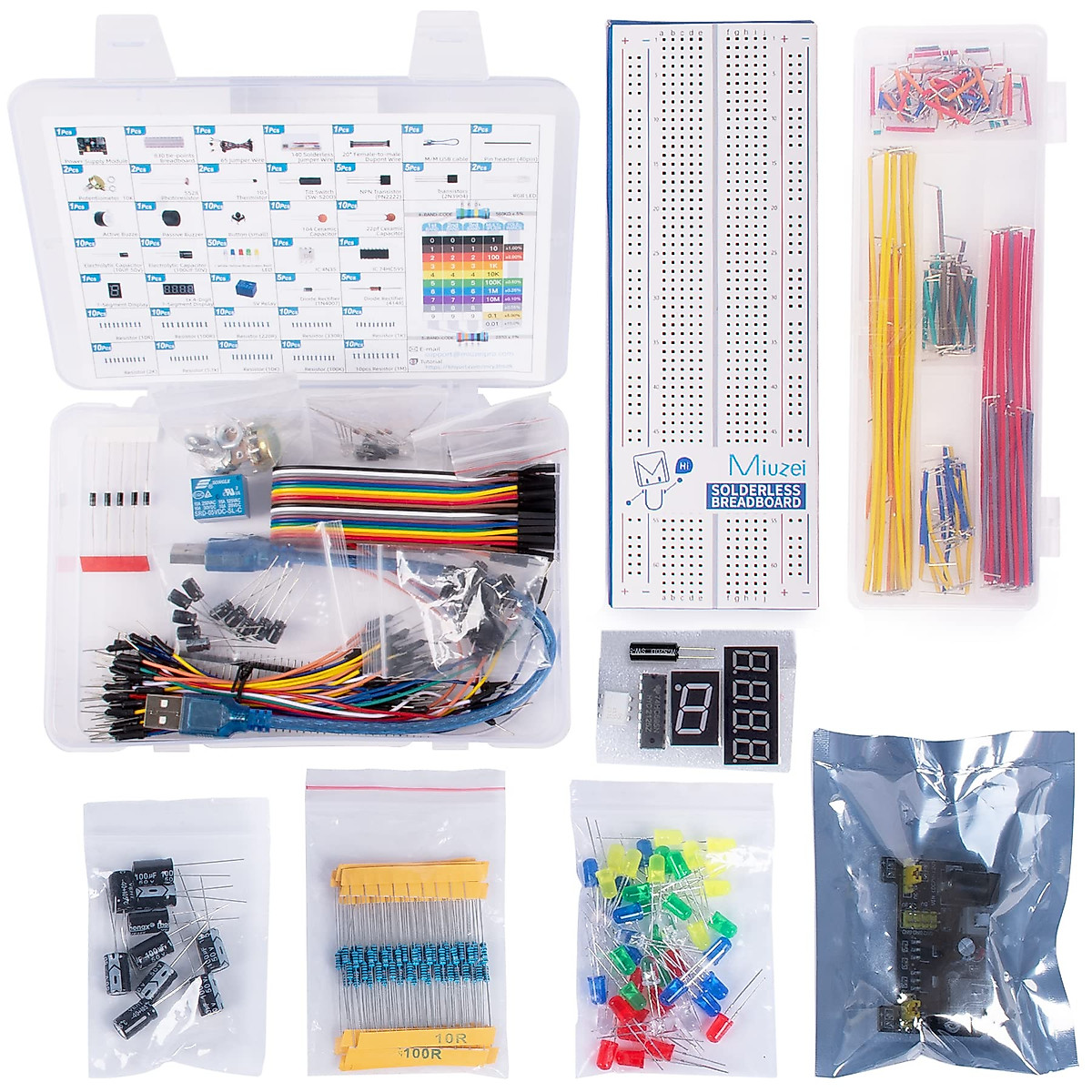 Miuzei Electronics Component Fun Kit with Supply Module, Jumper Wire, 830 Tie-Points Breadboard, Precision Potentiometer, Resistor, LED, Compatible with Arduino, Raspberry Pi, STM32
