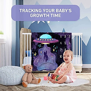 PHMOJEN Baby Monthly Milestone Blanket Fun Alien Spaceship Turquoise UFO Flying Saucer Age Blanket, Newborns 1 to 12 Months Unisex Include 4 Frames and 1 Headband 48"x40" BTLSPH729