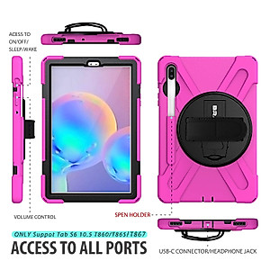 BRAECN for Galaxy Tab S6 10.5 2019 Case T860,Heavy Duty Shockproof Rugged Case with Hand Strap/360 Rotating Stand and Shoulder Strap for Samsung Tab S6 SM-T860/T865/T867 2019 (Rose Red)