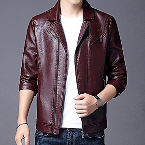 Maiyifu-GJ Men's PU Faux Leather Jacket Notch Lapel Slim Fit Zip Up Biker Jacket Vintage Moto Lightweight Outwear Coat (Red Wine,Medium)
