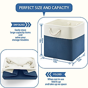 Patvingot 13x13x13 Storage Cube Bins,Set of 4, Large Foldable Fabric Storage Cubes with Handles for Organizing Home, Closet, Clothes, Toy, Book, Office(White&Blue)