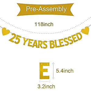 XIAOLUOLY Gold 25 YEARS BLESSED Glitter Banner,Pre-Strung,25th Birthday / Wedding Anniversary Party Decorations Bunting Sign Backdrops,25 YEARS BLESSED