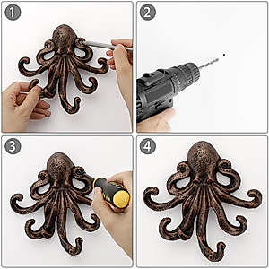 Sumnacon Cast Iron Coat Hook 2Pcs Octopus Hook Decorative Towel Hook Holder with Screws Octopus Key Holder Wall Nautical Wall Hook for Enterway Bathroom Red Bronze