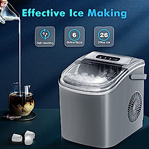 Ice Maker Countertop 9 ice Cubes Ready in 6 Mins with Handle, Portable Ice Machine with ice Scoop and Basket Self-Cleaning Ice Makers, Up to 26 lbs for Home Kitchen Office Bar Party -Grey