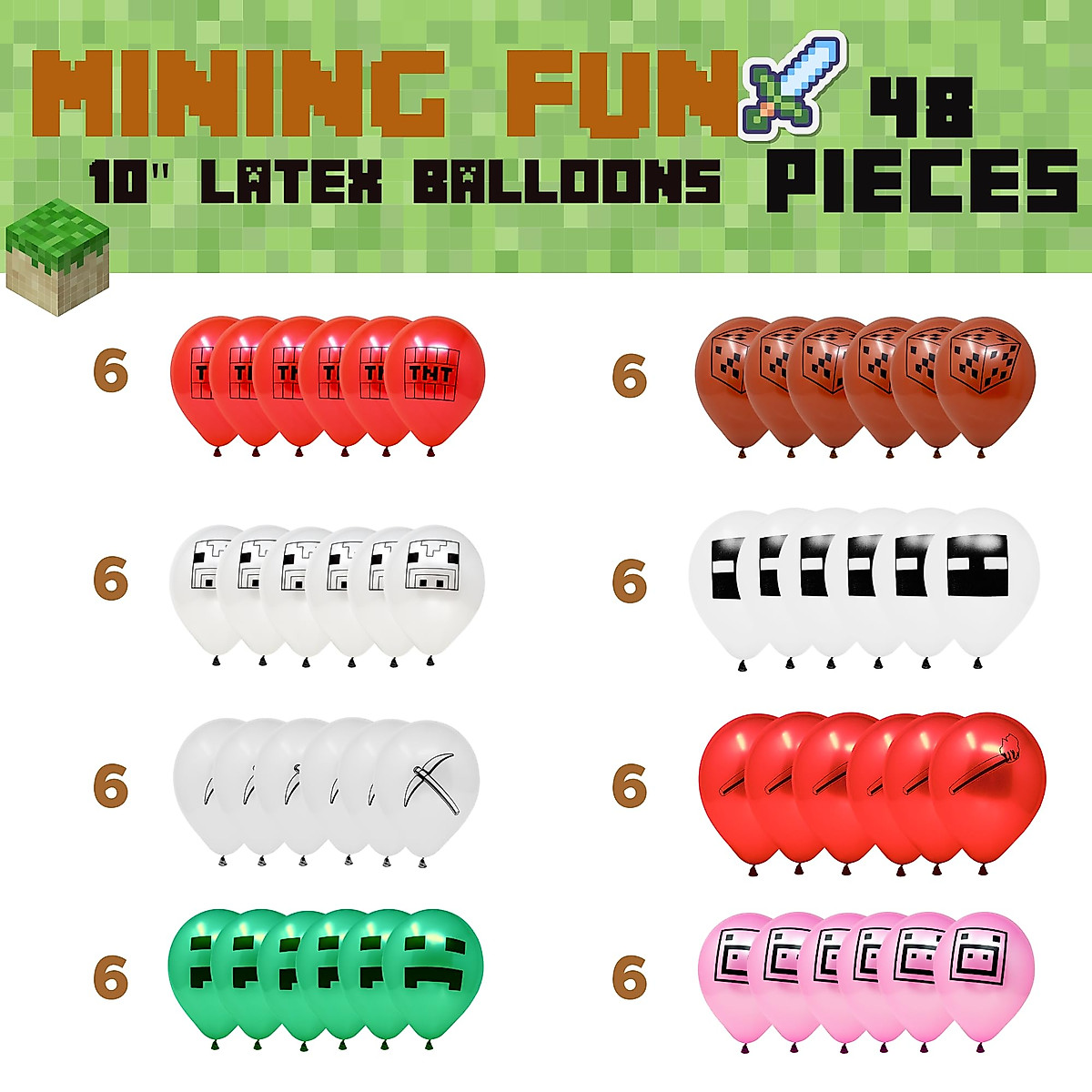 Blue Orchards Mining Fun Balloons (48 Pieces) - 10" Printed Latex Balloons, Mining Themed Party Supplies, Mining Party Decorations, Mining Party Balloons, Pixel Miner Party and Video Game Party