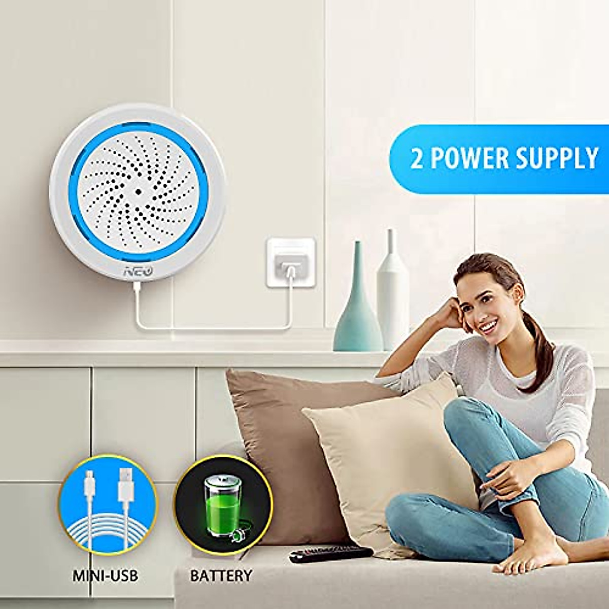 Z-Wave Plus Siren Alarm with Strobe alerts, NEO Smart Siren, Support USB Charge and with Back up Battery Works with SmartThings, Blue
