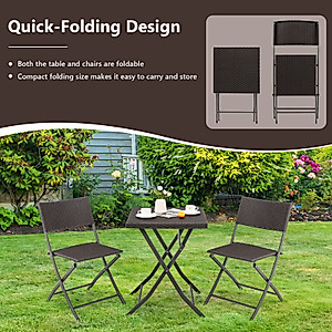 Tangkula 3 Piece Patio Bistro Set, Folding Wicker Chairs & Table Set, Solid Metal Frame, Outdoor Patio Furniture Set for Garden, Front Porch, Poolside, No Assembly Needs (Brown)