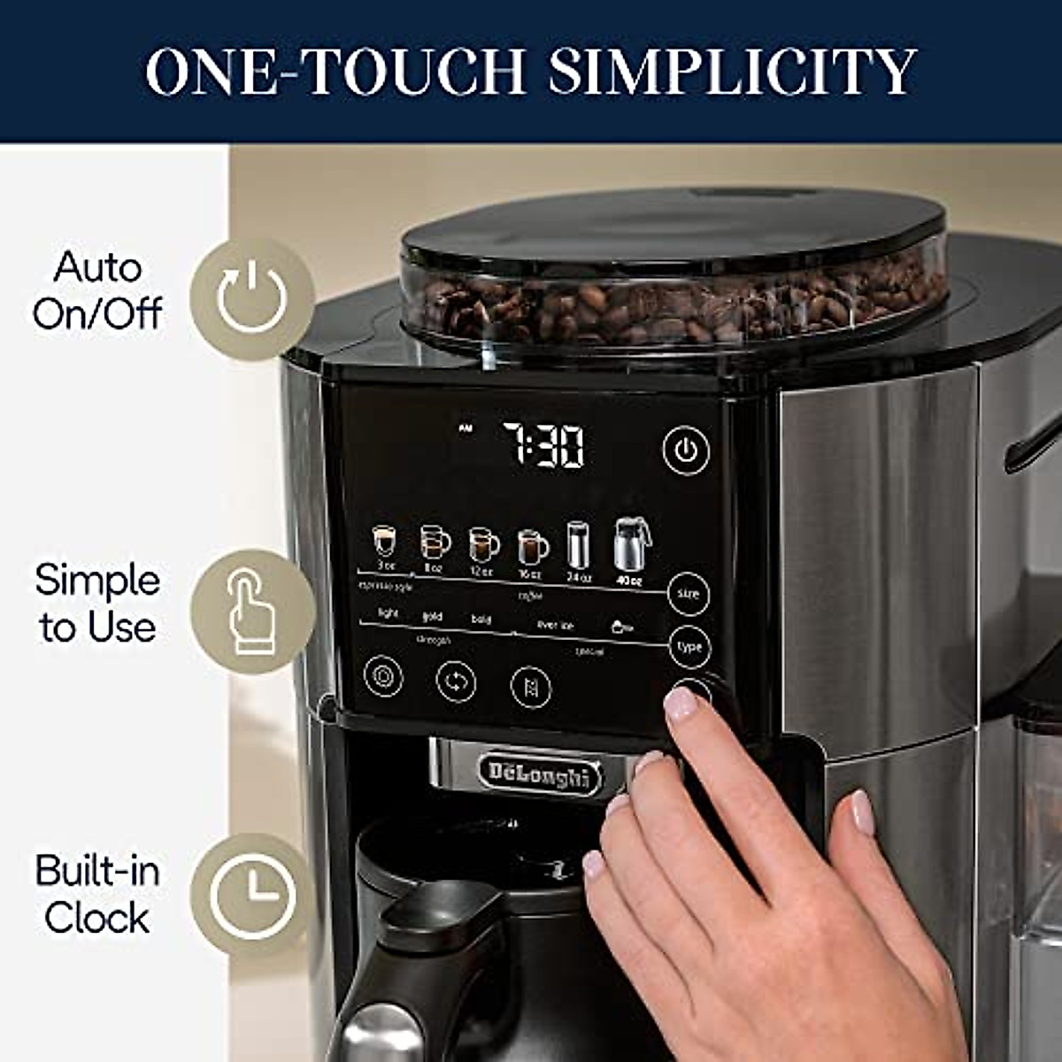 De'Longhi TrueBrew Drip Coffee Maker, Built in Grinder, Single Serve, 8 oz to 24 oz with 40 oz Carafe, Hot or Iced Coffee, Stainless,CAM51035M