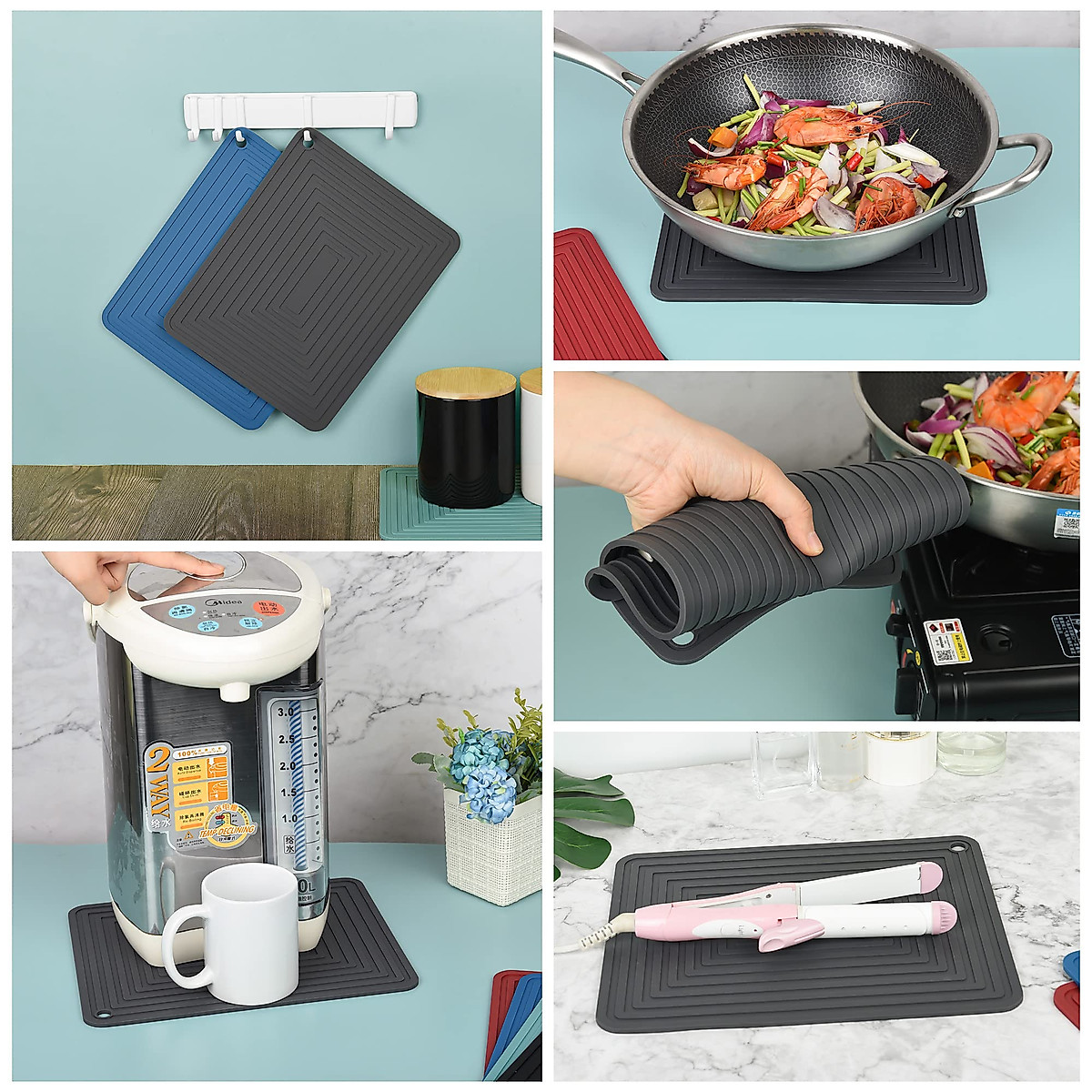 Nstezrne Trivets for Hot Dishes, Silicone Trivet Hot Pads for Kitchen, Trivets for Hot Pots and Pans, Big Silicone Pot Holders Mat, Trivets for Quartz Countertops, Heat Resistant Mats Set 2 Dark Gray