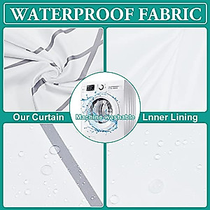 LXBNI No Hook Grey White Striped Shower Curtain with Snap in Fabric Liner Set - Hotel Shower Curtain and Liner Set with See Through Mesh Top Window,Machine Washable, 71x74 INCH