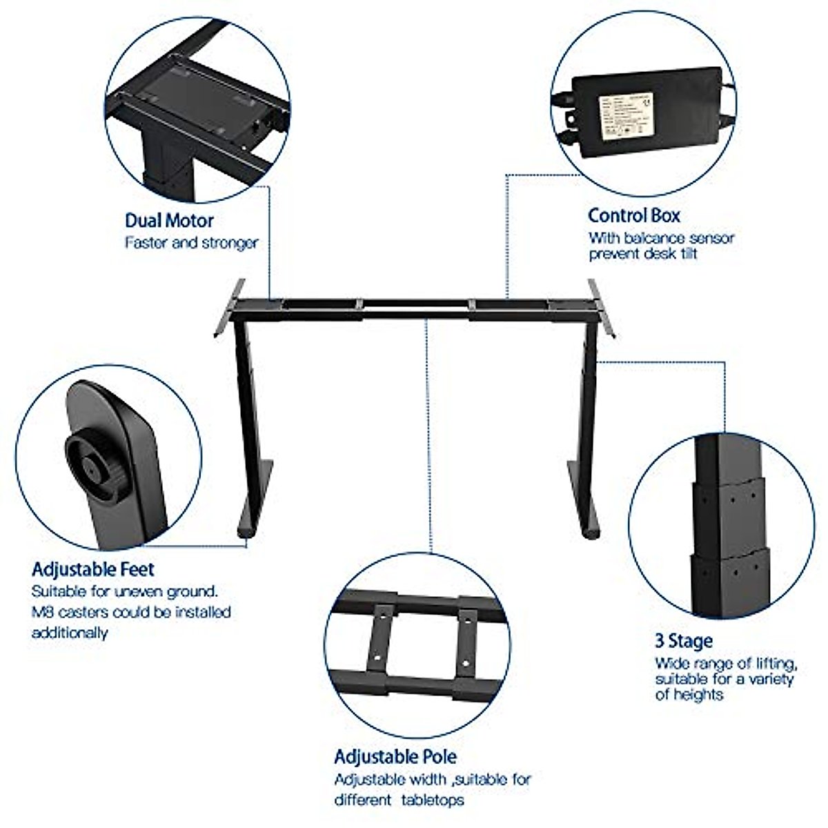 AIMEZO Dual Motor Electric Adjustable Desk Base Standing Workstation Smart Desk Adjustable Height Sit Stand Home Office Standing Desk Frame with 3 Tiers Legs/ 4 Memory Preset Button Controller
