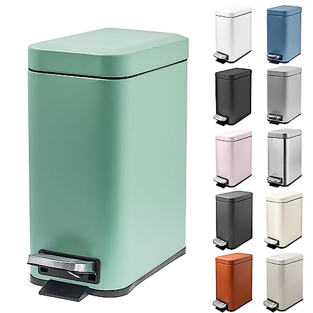 M-Aimee 1.3 Gallon Slim Small Trash Can with Lid Soft Close, Stainless Steel Garbage Can for Bathroom Bedroom Office, Rectangular Step Trash Bin with Removable Inner Waste Basket (Green)