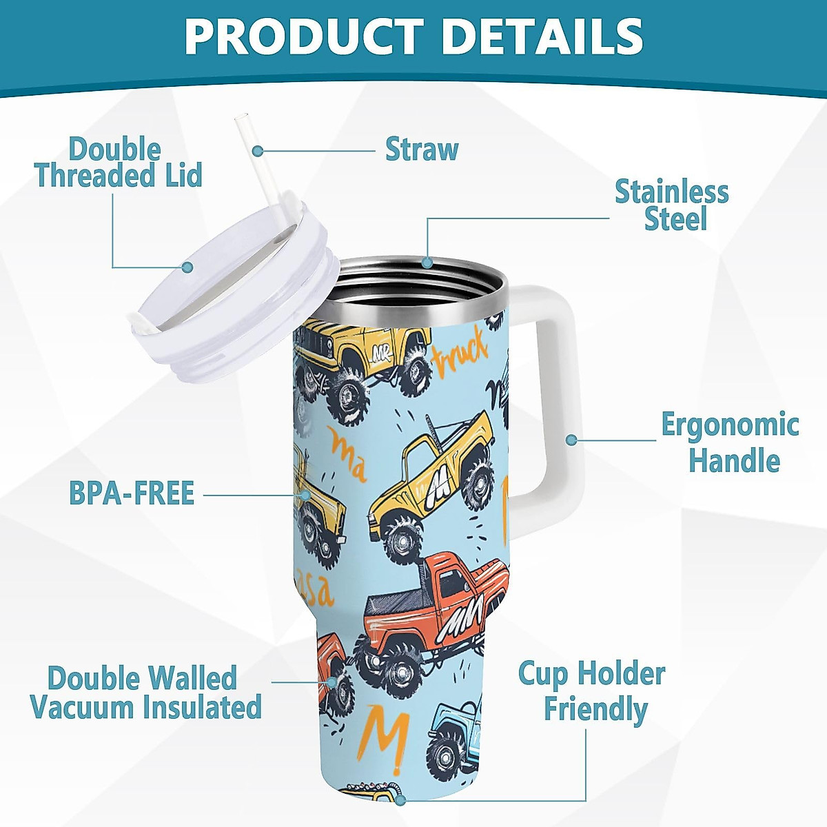 ODAWA Colorful Monster Trucks Travel Mug with Handle Tumbler Cup Reusable Stainless Steel Water Bottle