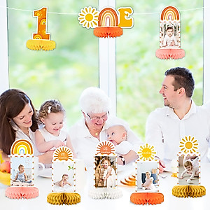 ojustbeok Boho Sun Photo Honeycomb Centerpiece for 1st Baby Birthday Decorations Sunshine Birthday Table Topper Centerpiece Boho Rainbow Baby Shower Party Supplies for Baby Boys Girls Birthday