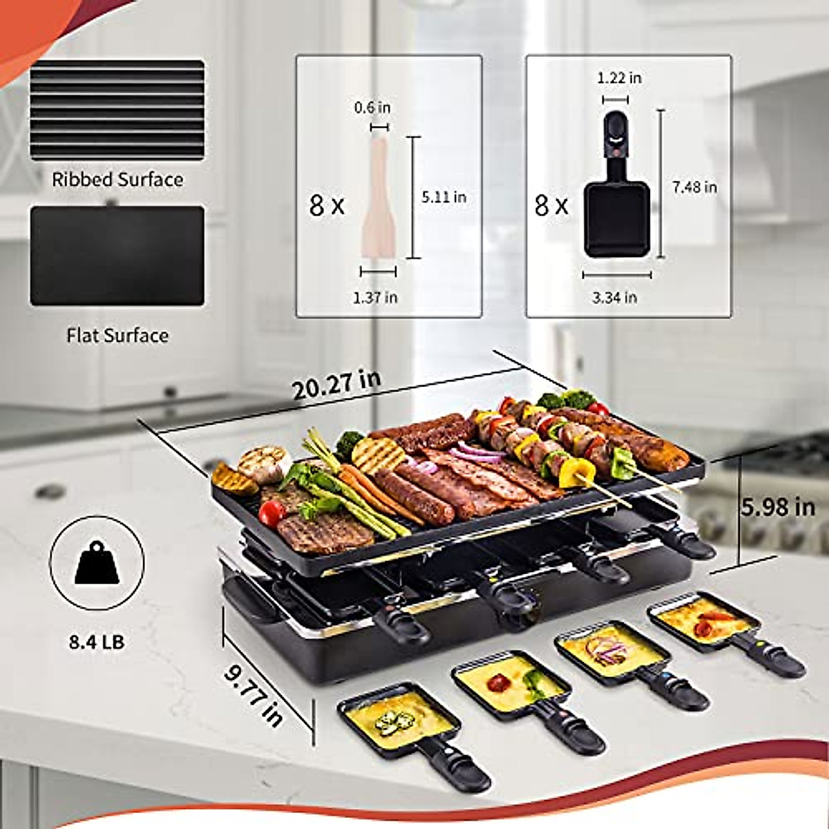 Raclette Table Grill Korean BBQ Indoor Electric Grill Griddle Nonstick Extra Large Reversible 2-In-1 Outdoor Dishwasher Safe with Cheese 8 Paddles 8 Spatulas for 8 Person