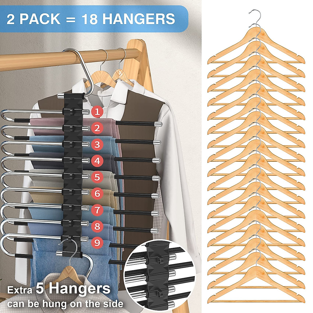 Upgrade 9 Layers Pant Hangers Space Saving, Non Slip Stainless Steel Multifunctional Pants Rack S-Type Clothes Pant Closet Hanger Organizer with Hooks for Pants Jeans Trousers Scarf (4 Pack, Black)
