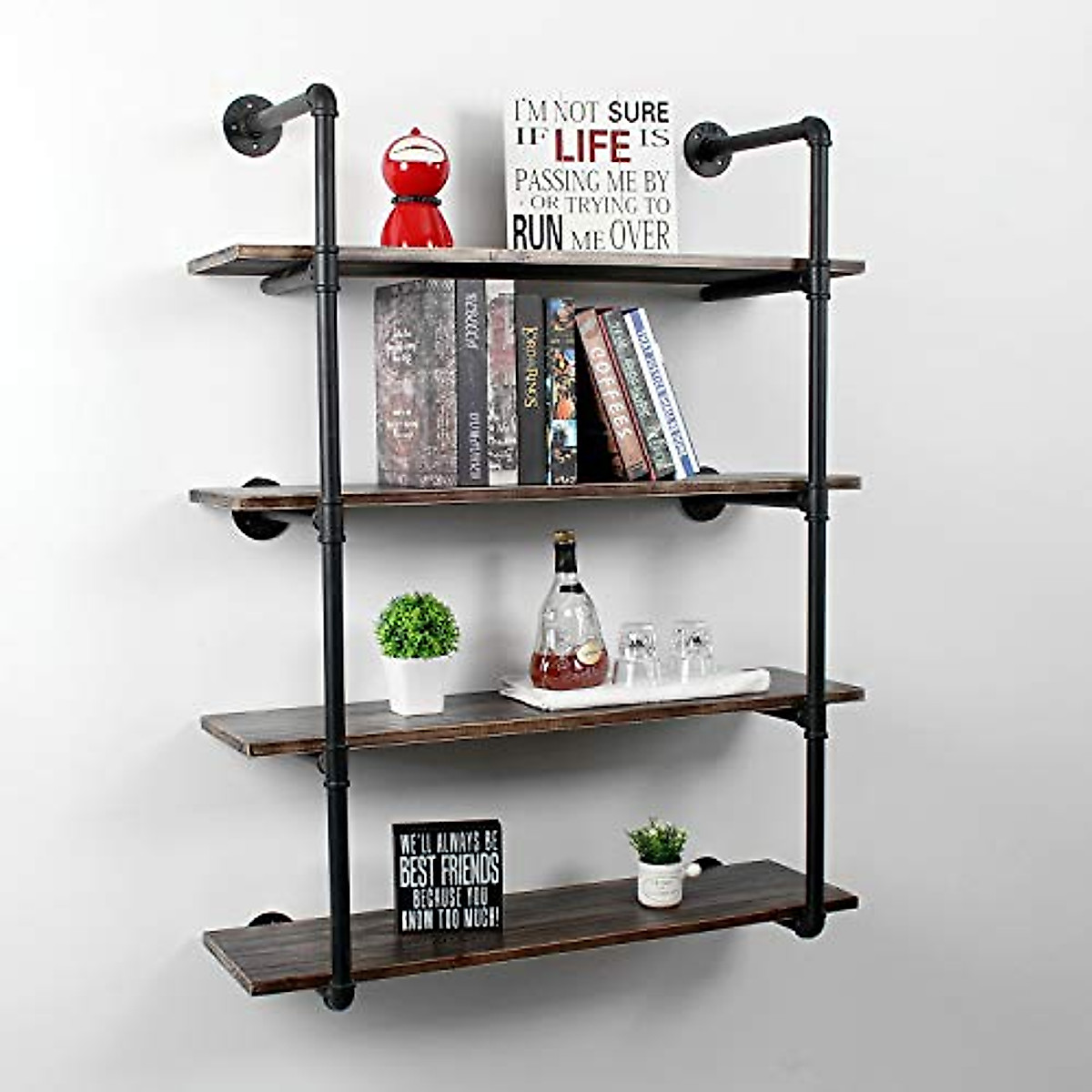 Weven 36" Industrial Pipe Bookshelf Wall Mounted,4 Tier Rustic Floating Shelves,Farmhouse Kitchen Bar Shelving,Home Decor Book Shelves,DIY Bookcase,Hanging Wall Shelves,Black