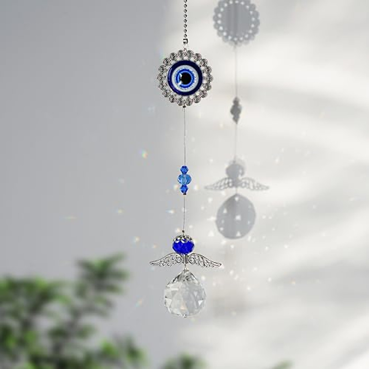 Crystal Angel Suncatcher with Feng Shui Turkish Blue Evil Eye Protection and Good Luck Charm Gift