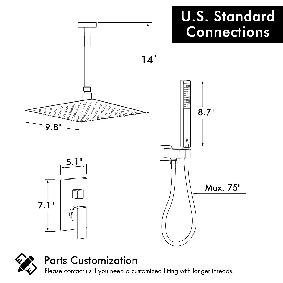 KES Ceiling Shower Head Shower System 10 Inches Rain Shower Faucet Set Shower Valve and Trim Kit Matte Black, XB6235-BK