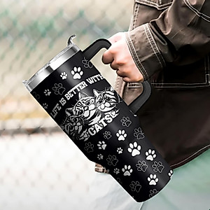 40 Oz Black Cat Tumbler With Handle and Straw, Double Wall Stainless Steel Insulated Mug for Cat Lovers, Mom or Dad - Cups Gifts for Women