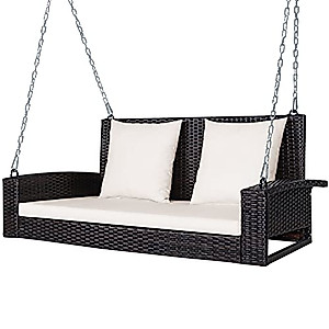 Tangkula 2-Person Wicker Hanging Porch Swing, Patiojoy Outdoor Rattan Swing Bench W/ 2 Back Cushions & 1 Seat Cushion, Sturdy Steel Chain, 800lbs Weight Capacity, Suitable for Deck, Backyard, Garden