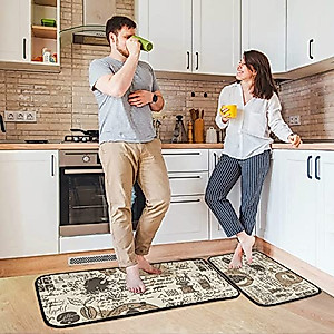J JOYSAY Coffee Theme Symbol Retro Kitchen Rugs and Mat 2 Pieces Set Cushioned Anti Fatigue Kitchen Mat Non Slip Comfort Standing Mat Washable Farmhouse Decor for Kitchen Floor Home Office Laundry