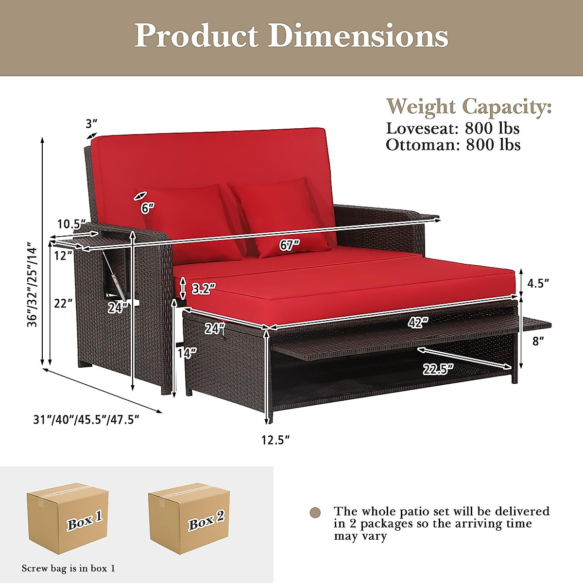 Tangkula Patio Rattan Daybed, Patiojoy Wicker Loveseat Sofa w/Multipurpose Ottoman & Retractable Side Tray, 4-Level Adjustable Backrest, Footstool w/Storage, Seat & Back Cushion Included