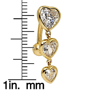 JewelryWeb Solid 14k Yellow or White Gold Graduated Heart Cubic Zirconia Top Mount Belly Button Ring Dangle (7mm x 24mm) (yellow-gold)