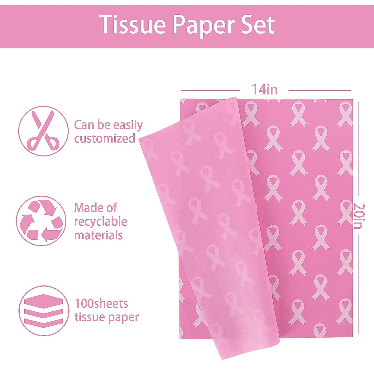 Whaline 100Pcs Pink Ribbon Tissue Paper Breast Cancer Awareness Wrapping Paper Pink Packaging Paper DIY Art Craft Paper for Charity Home Birthday Baby Shower Party Gift Decor, 14 x 20 Inch