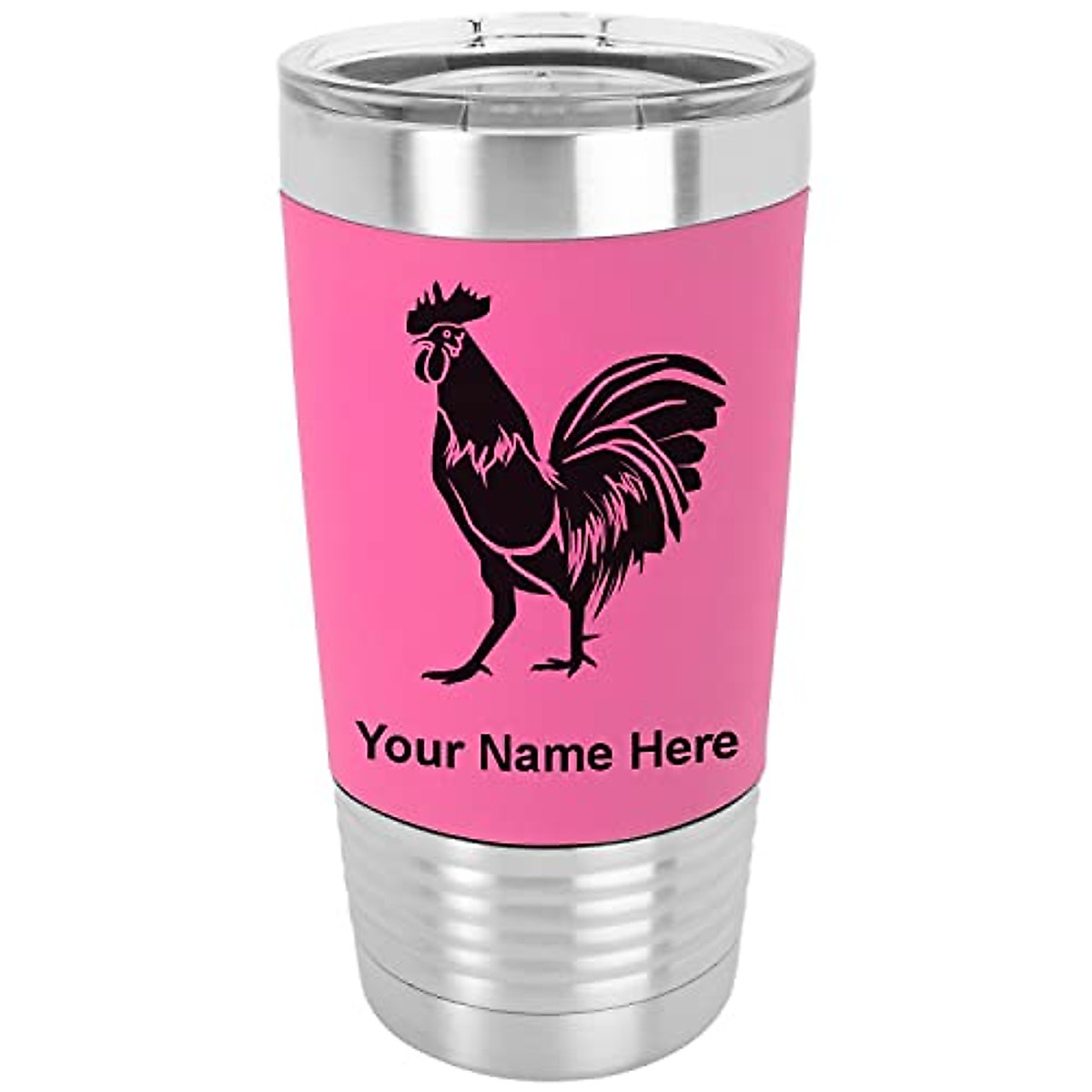 LaserGram 20oz Vacuum Insulated Tumbler Mug, Rooster, Personalized Engraving Included (Silicone Grip, Pink)