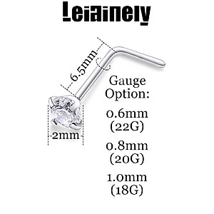 Leiainely 22g 22 g Gauge Thin Nose Rings Studs Piercings Aretes Para La Nariz for Women Men 2mm Gems L Shape Shaped Nostril Jewelry Hypoallergenic Surgical Stainless Silver Steel