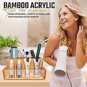 Hair Tool Organizer Bamboo and Acrylic Hair Accessories Hot Tool Holder, Wall Mount, Vanity Organization or Bathroom Sink Organizer for a Hair Dryer, Curling Iron, Flat iron, Brushes and Hair Products