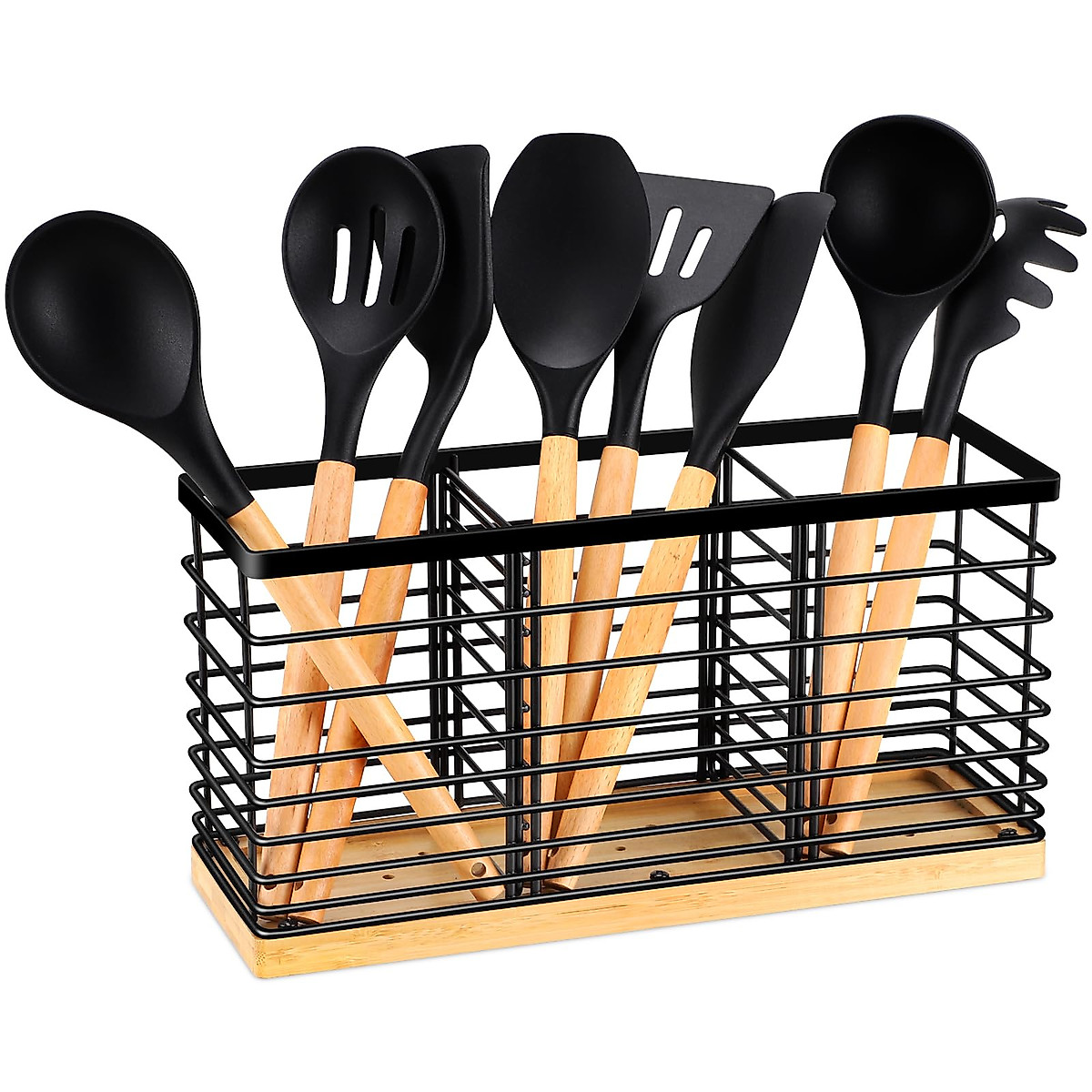 TACGEA Utensil holder for Kitchen Counter, Kitchen Cooking Utensil Holder Organizer with Wooden Base Matte Black (3 Compartments)
