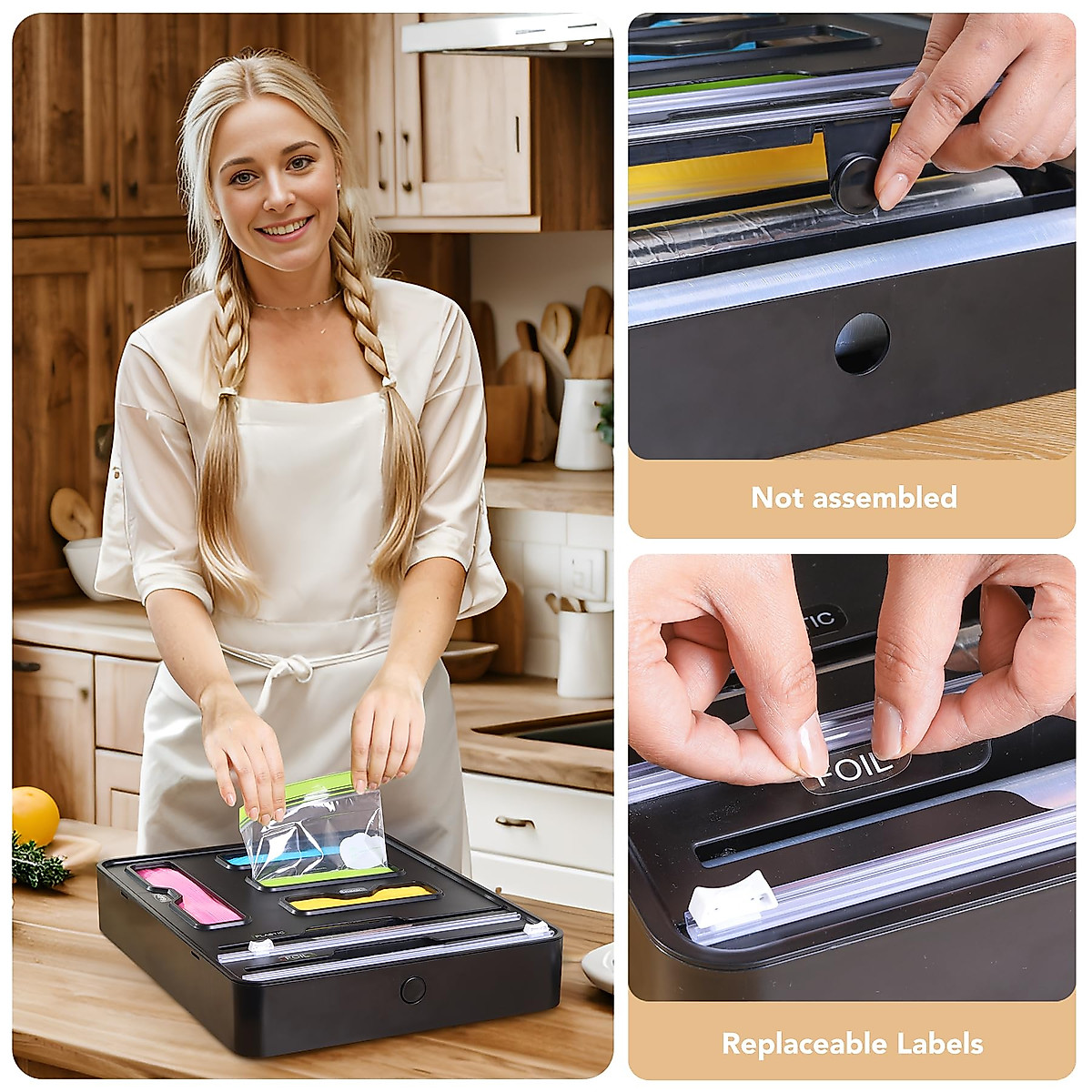 CiWiVOKi Storage Bag Organizer for Drawer, 6 in 1 Foil and Plastic Wrap Dispenser with Cutter, Plastic Kitchen Organizers and Storage for Sandwich Snack Gallon Quart Bags and 12" Aluminum Foil, Black