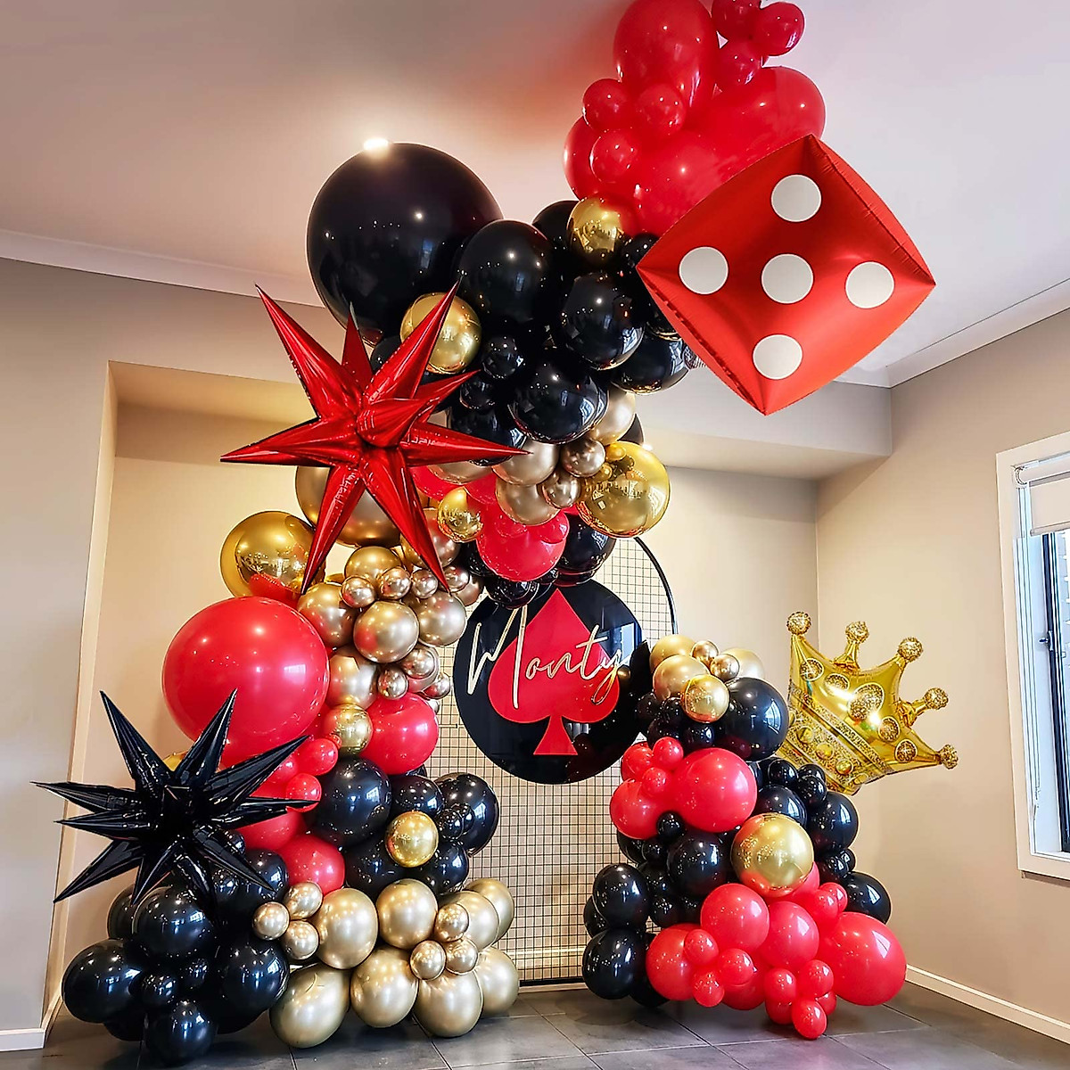 Casino Theme Red and Black Gold balloon garland arch kit With Starburst Dice Crown balloons for casino royale Birthday Las Vegas night hollywood theme party decorations