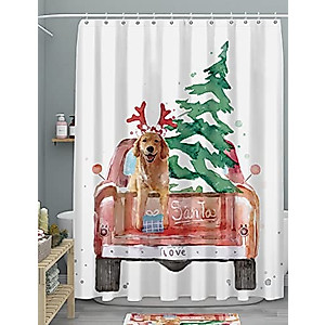 SUMGAR Christmas Shower Curtain for Bathroom Tree Holiday Fabric Cloth Winter Funny Dog Red Truck Shower Curtains Set with Hooks 72 x 72 inch