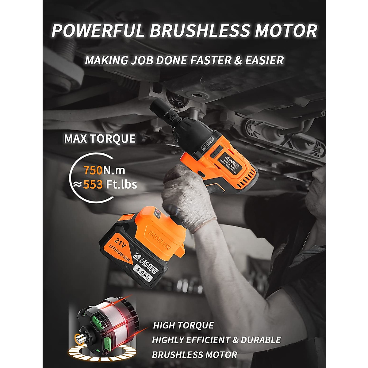 Lagatuns impact wrench cordless,1/2 inch , 750NM（550 Ft-lb） 2200 RPM,Brushless Motor，4AH Battery (Renewed)