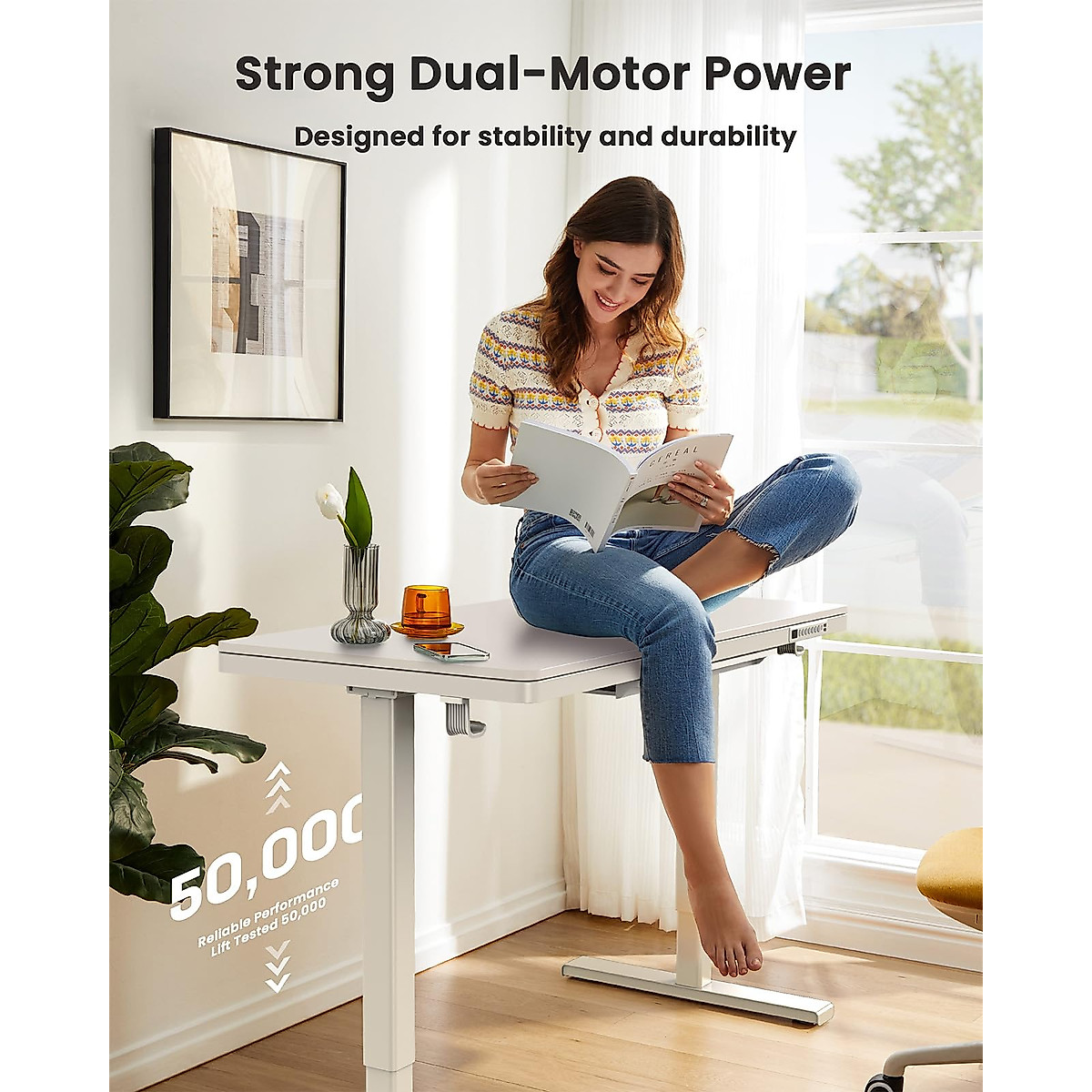 ErGear Dual Motor Electric Standing Desk with Drawers,48x24 Inch Whole-Piece Quick Install,Height Adjustable Stand up Sit Stand Home Office Ergonomic Workstation with USB Charging Ports(White)