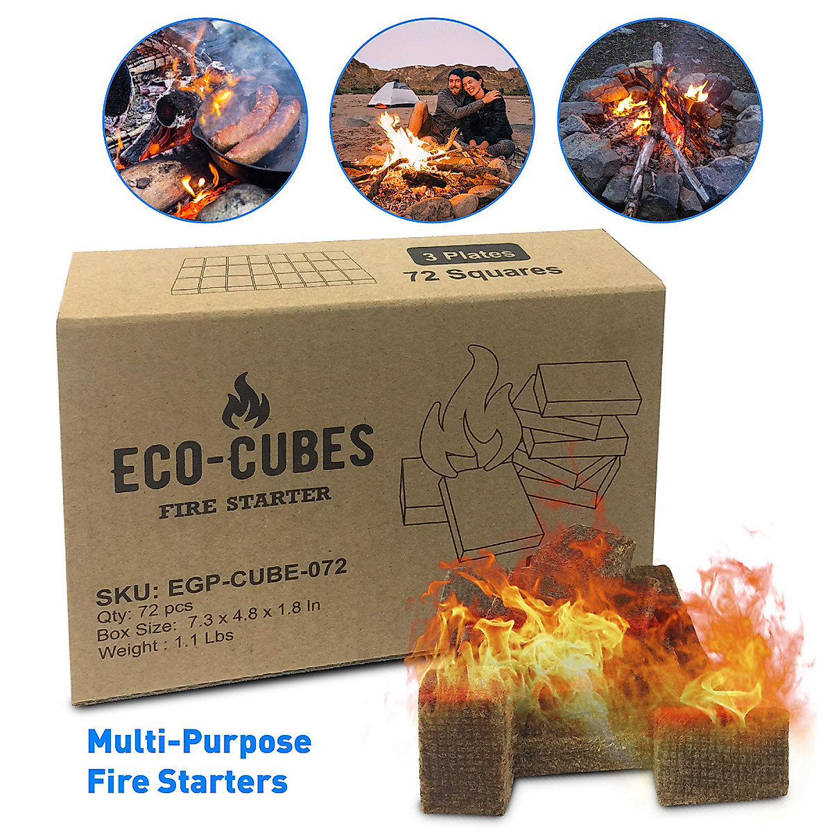 EasyGo Product Eco Cubes Fire Starter Squares Great Lighter for Chimney, Charcoal Grill, Fireplace, Campfire, Pellet Stove, Wood Stove - Qty 72
