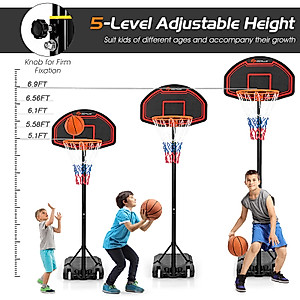 Goplus Portable Basketball Hoop Outdoor, 6.3FT-8.1FT Height Adjustable 5-Level Basketball Stand System with Shatterproof Backboard, Built-in Wheels, Indoor Outside Court Basketball Goal for Kids Youth