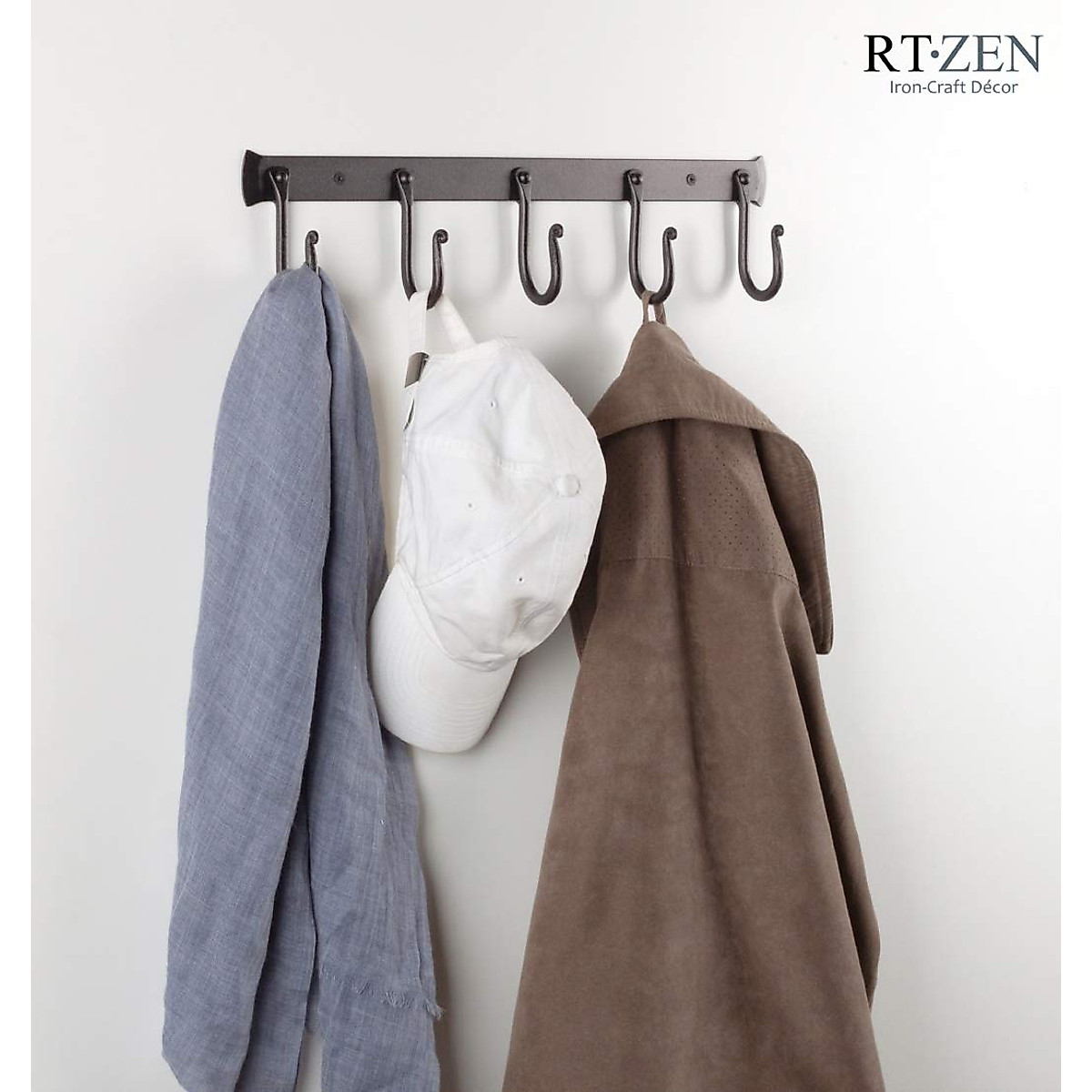 RTZEN Wall Hooks for Hanging - 5 Hook Farmhouse Decor Coat Rack Wall Mount - Heavy Duty Hanging Towel Racks for Bathroom or Purse Hanger Hat Organizer - Stylish Hooks for Hanging Coats
