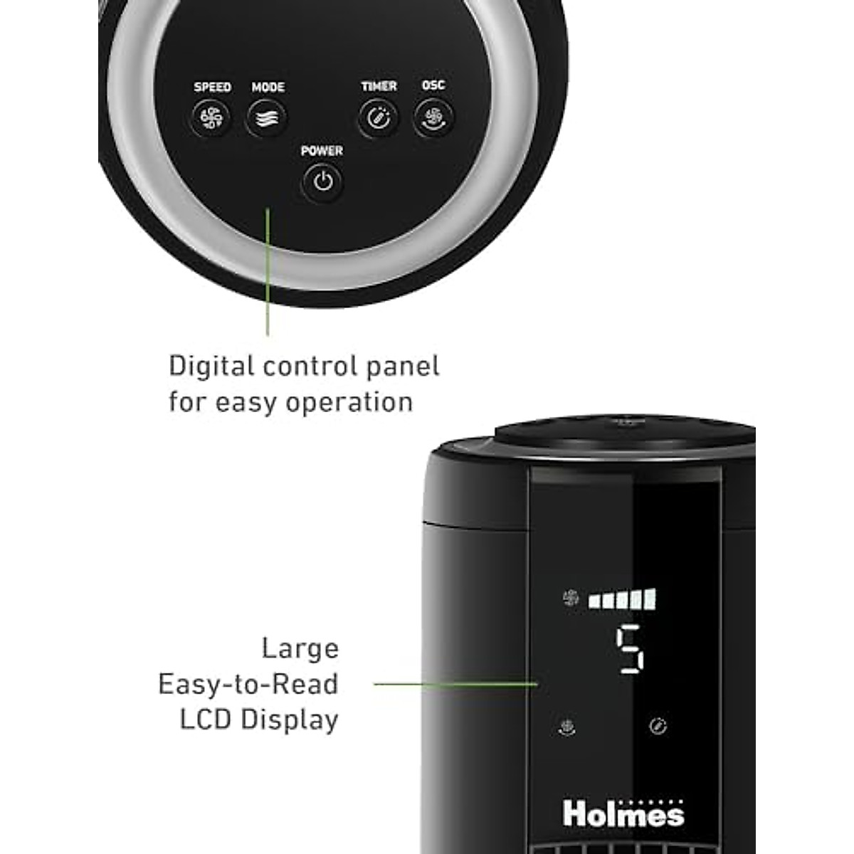 HOLMES 42" Digital Tower Fan, ClearRead Display, 90° Oscillation, 5 Speeds, 4 Modes, 8-Hour Timer, Home, Bedroom or Office, Remote Control, Matte Black
